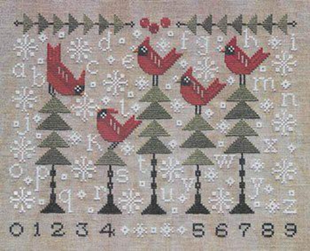 Counted Cross Stitch Pattern, Chilly Cardinals Sampler, Evergreens ...