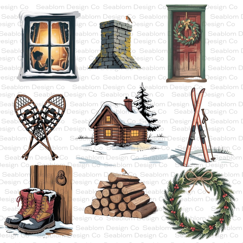 Christmas Cabin Design Elements Bundle | Snowy Cabin Furnishings Png ...