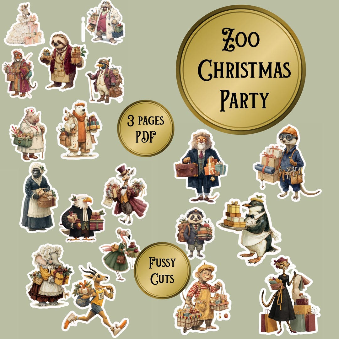 Zoo Animals' Christmas Party Fussy Cuts | Print and Cut Zoo Christmas ...