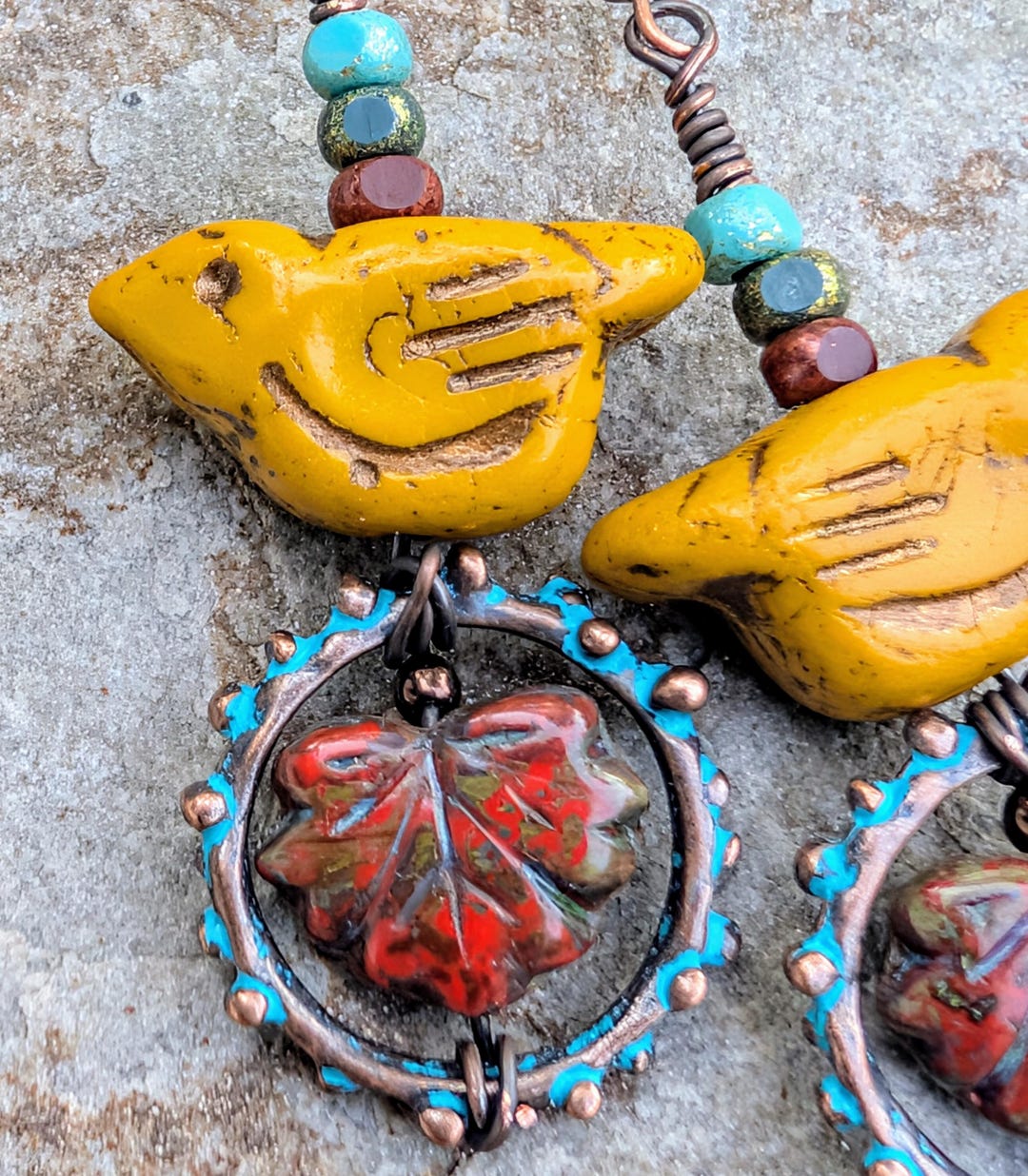 Autumn Harvest Bird Earrings, Patina Copper, Picasso Czech Glass ...