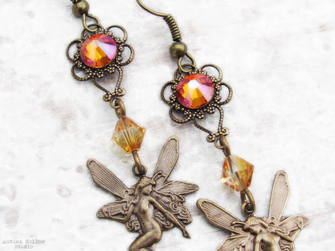 Fire Fairy Fantasy Earrings Midsummer Art Nouveau Faery Antiqued Brass - Etsy