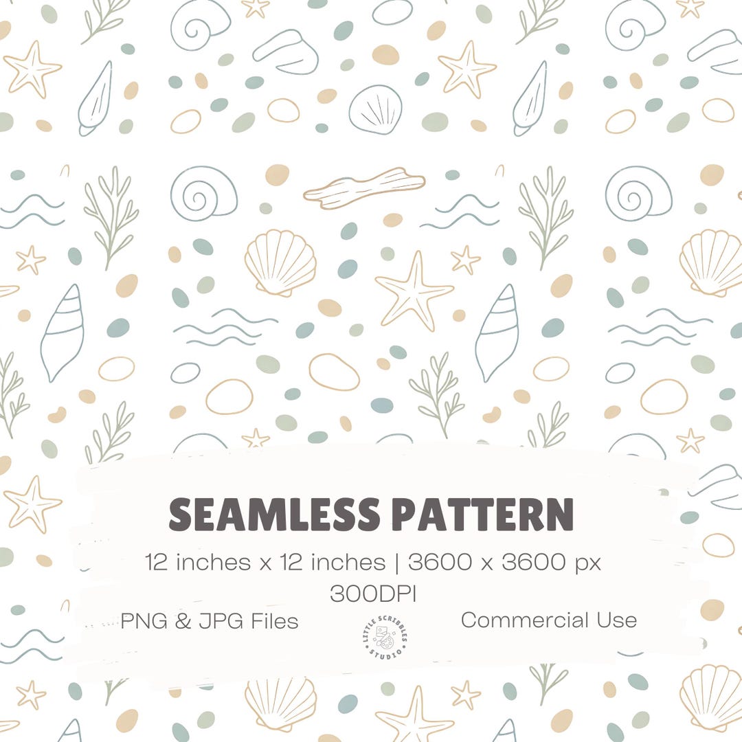 Coastal Seamless Pattern: Beach Line Art, Shells & Seaweed (digital ...
