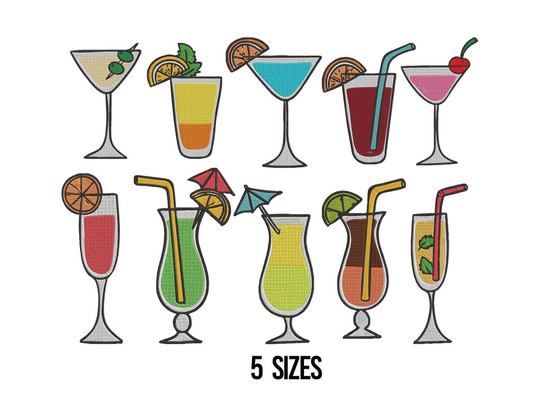 Cocktail Embroidery Design Bundle: Summer Drinks, 5 Sizes (digital ...