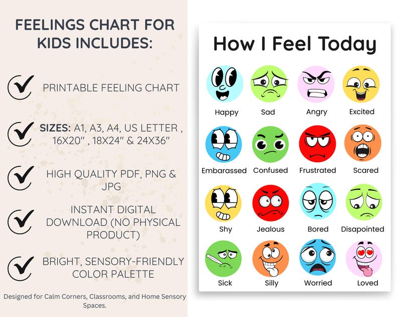 Printable Feelings Chart for Kids | Visual Emotions Chart for Regulation & Routine | ASD, ADHD ...