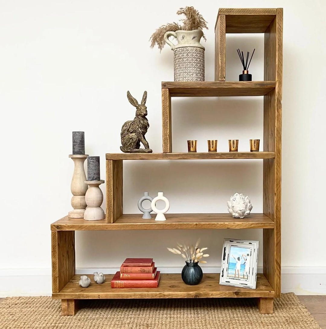 Reclaimed Wood Stepped Bookcase, Rustic Shelving Unit, Solid Wood Room ...