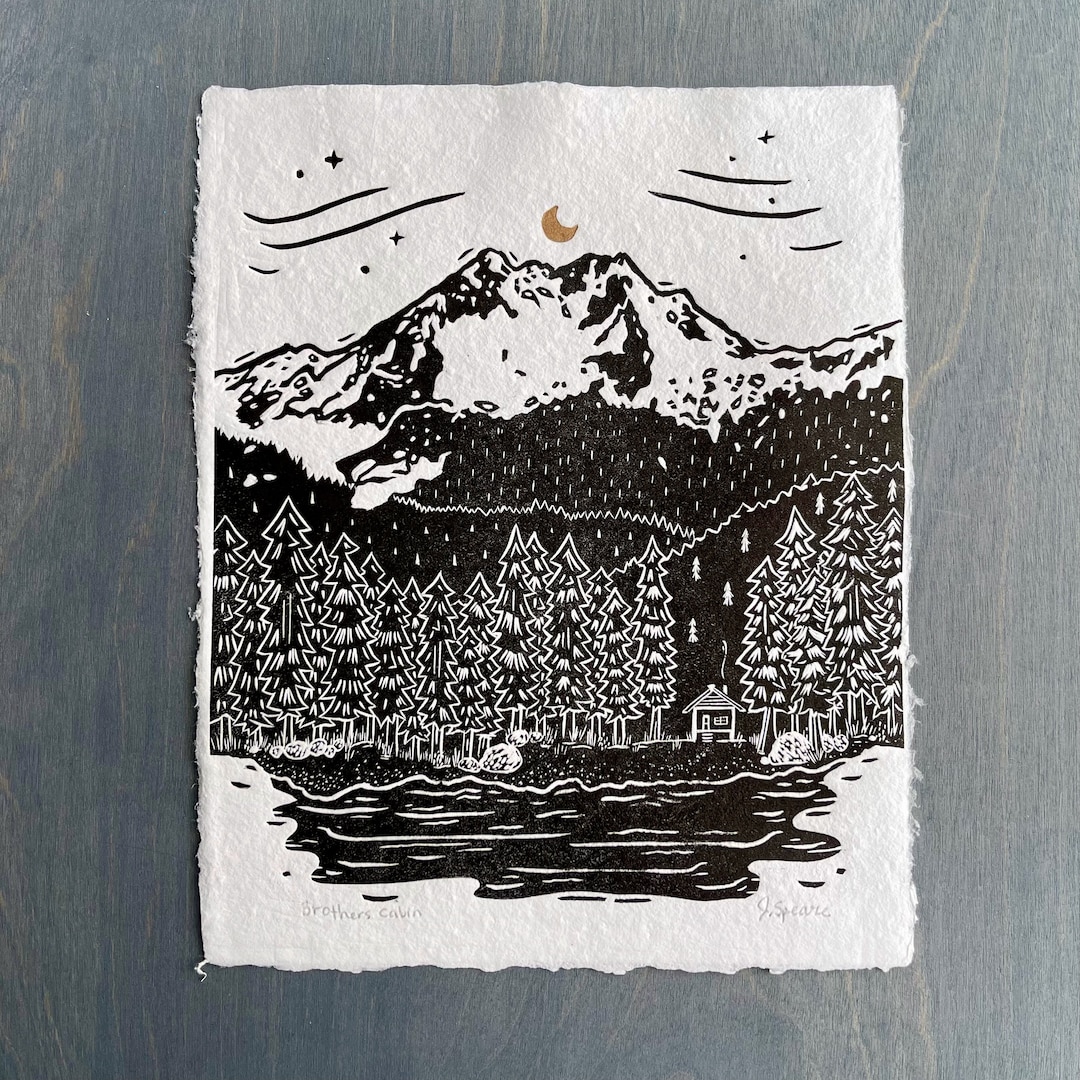 Cabin Art, Brothers Mountain Linocut, Mountains Art, Nature Inspired ...