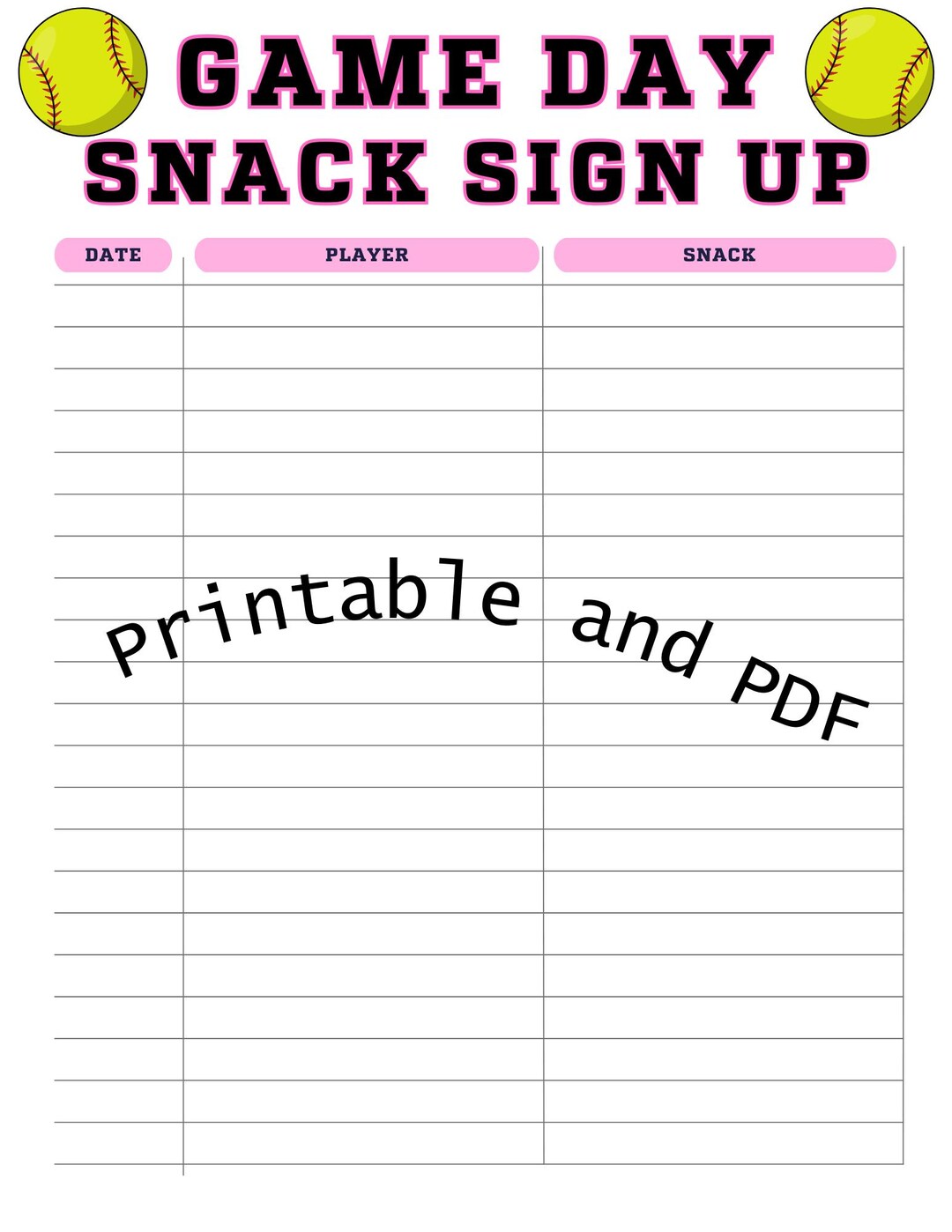 Game Day Snack Sign-up Sheet | Sports Team Schedule Printable | PDF ...