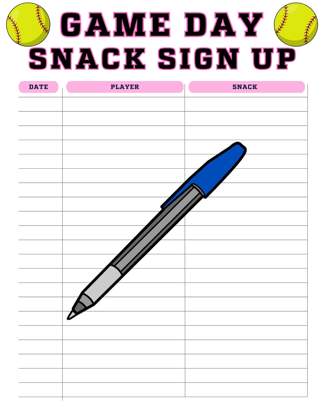 Game Day Snack Sign-up Sheet | Sports Team Schedule Printable | PDF ...