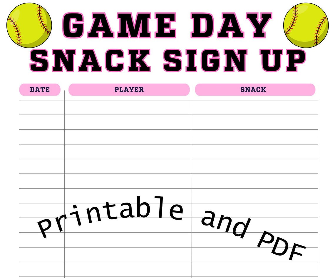 Game Day Snack Sign-up Sheet | Sports Team Schedule Printable | PDF ...