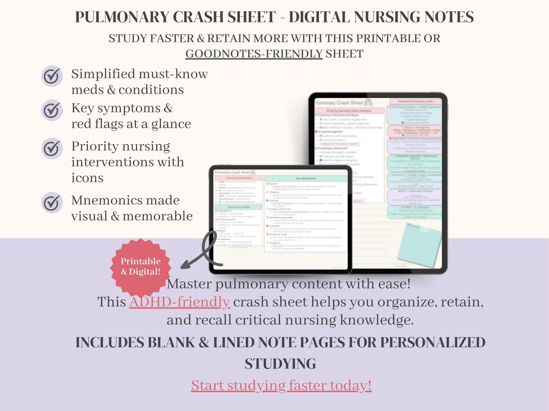 Pulmonary Crash Sheet Bundle – Portrait + Landscape PDF | Adhd-friendly ...