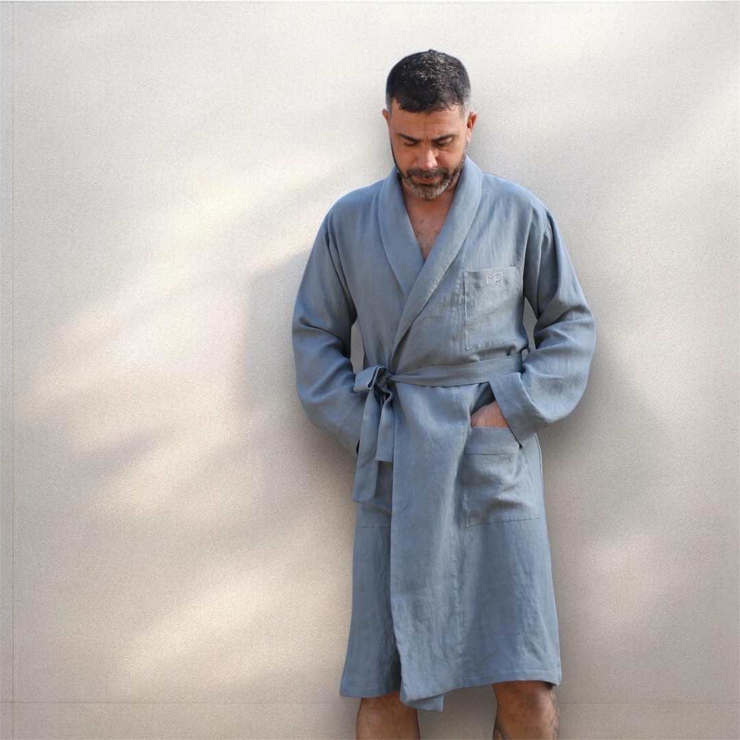Personalized Luxury Mens Linen Robe – Custom Embroidered Bathrobe, Soft ...