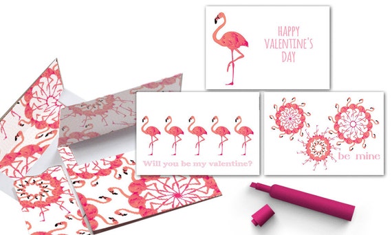 Pink flamingo cards valentine cards for kids flamingo | Etsy