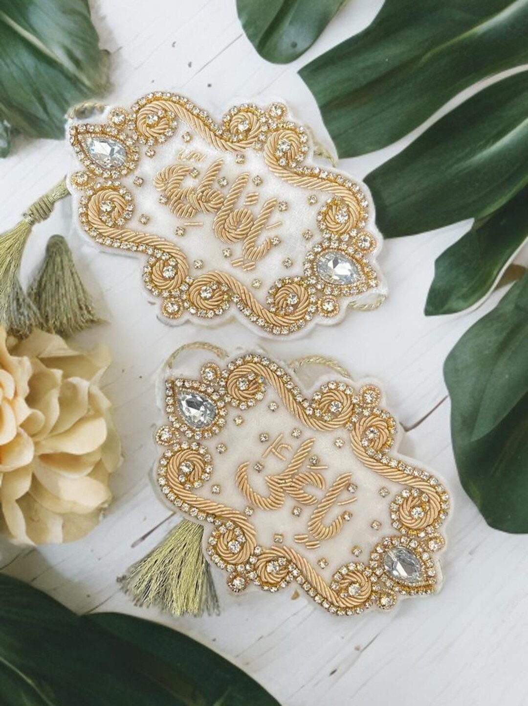 Imam Zamin Set, White and Gold Velvet Hand Embroidered With Words Ya ...