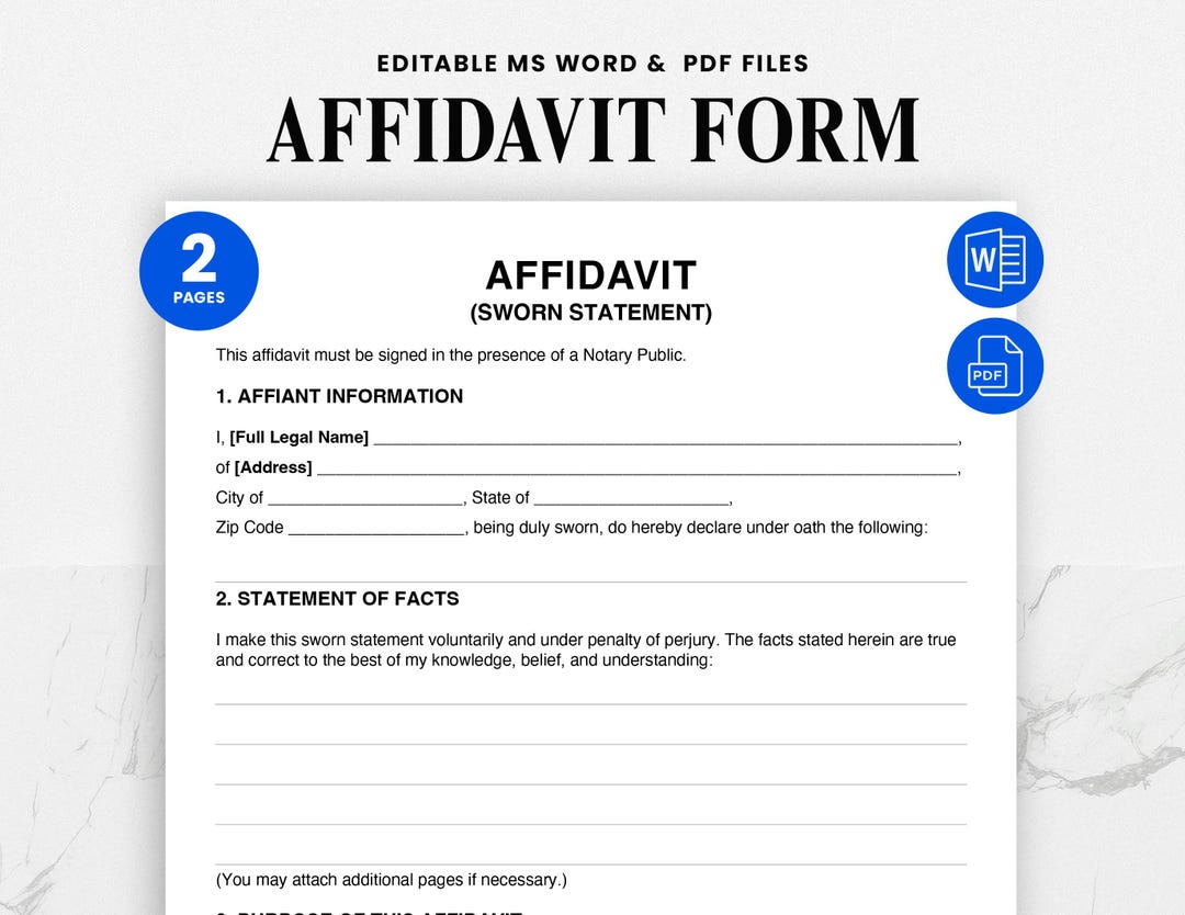 Sworn Affidavit Template - Fillable Statement Form - Printable Personal ...