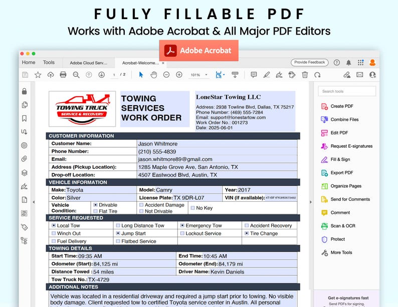 Towing Work Order Template • Editable Tow Truck Service Form • Fillable ...