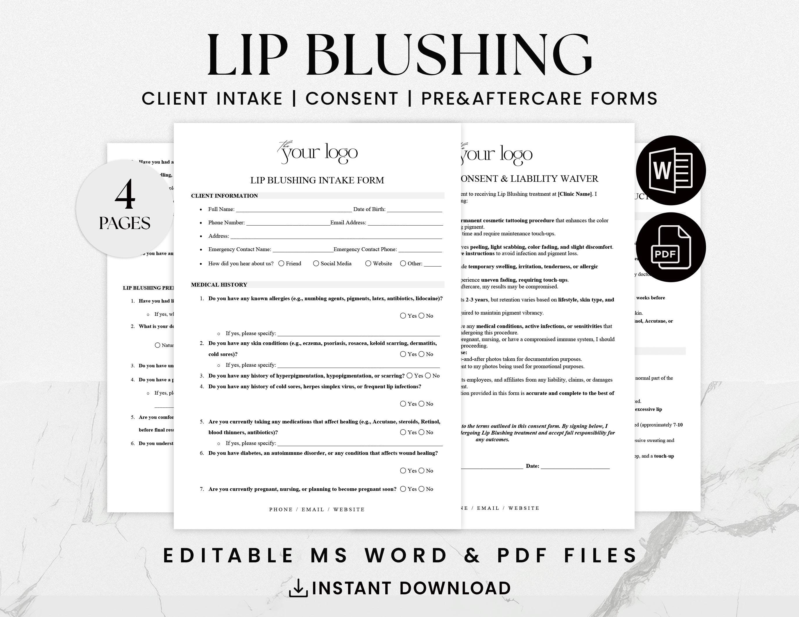 Lip Blushing Consent Form Template - Lip Blushing Client Intake - Pre ...
