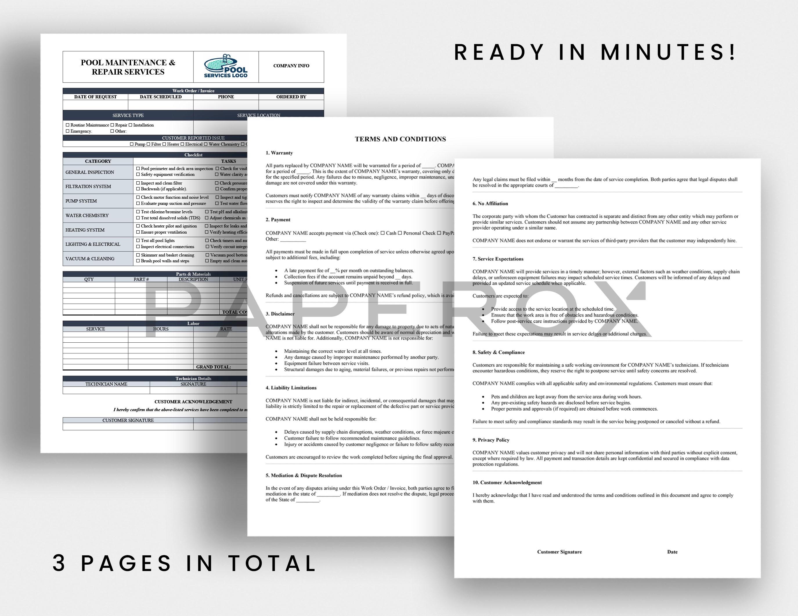 Swimming Pool Service Work Order Invoice, Pool Care, Pool Maintenance ...