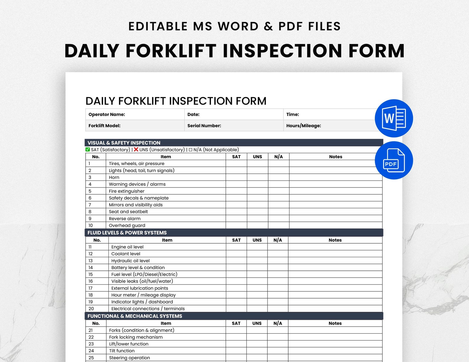 Daily Forklift Inspection Checklist PDF - OSHA Safety Log Sheet ...
