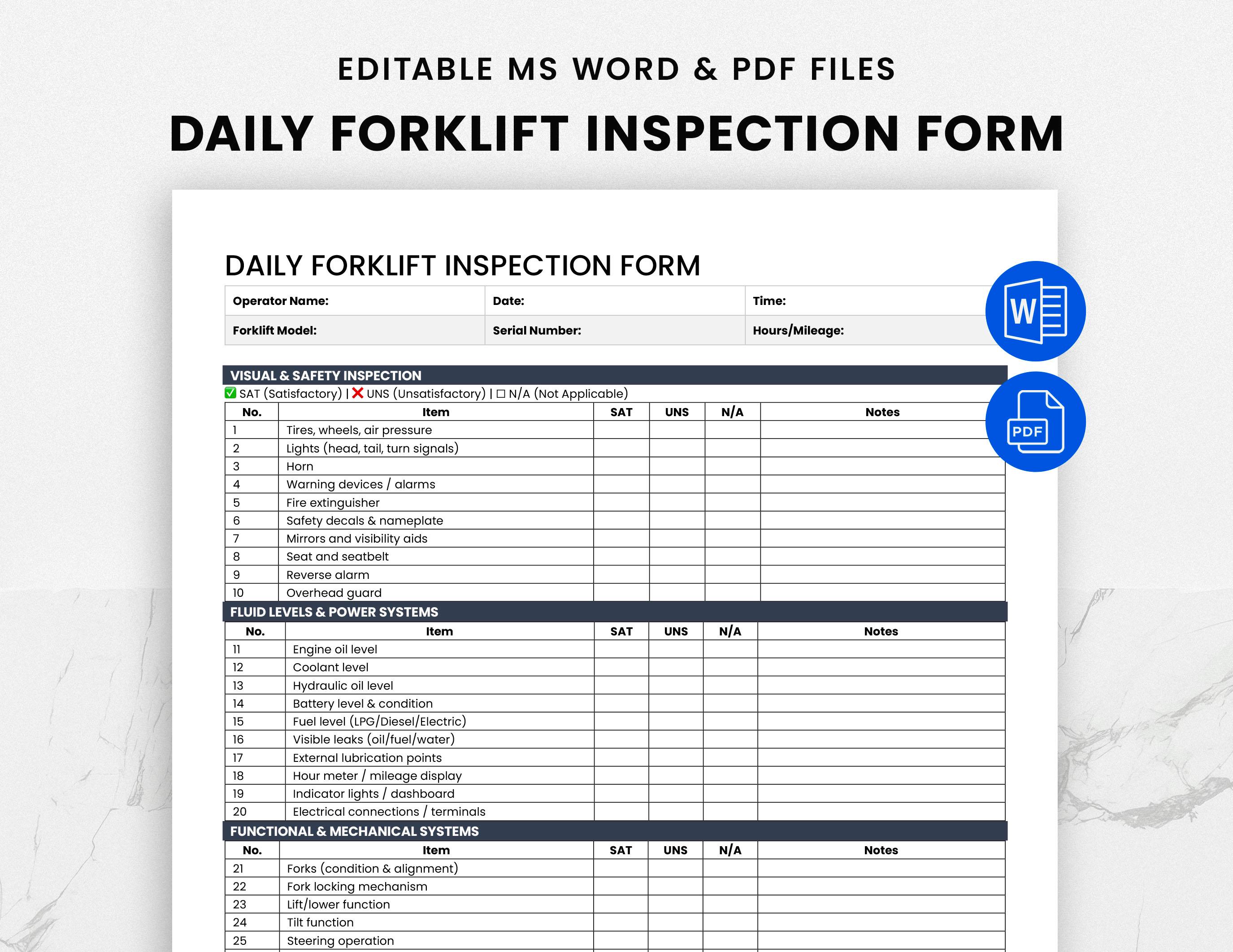 Daily Forklift Inspection Checklist PDF - OSHA Safety Log Sheet ...