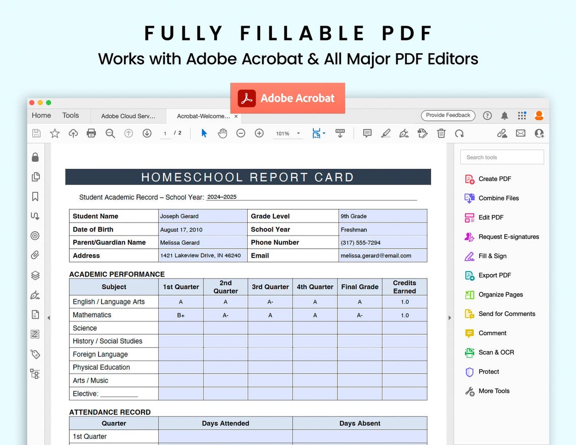 Editable Homeschool Report Card Template, Fillable Homeschooling ...