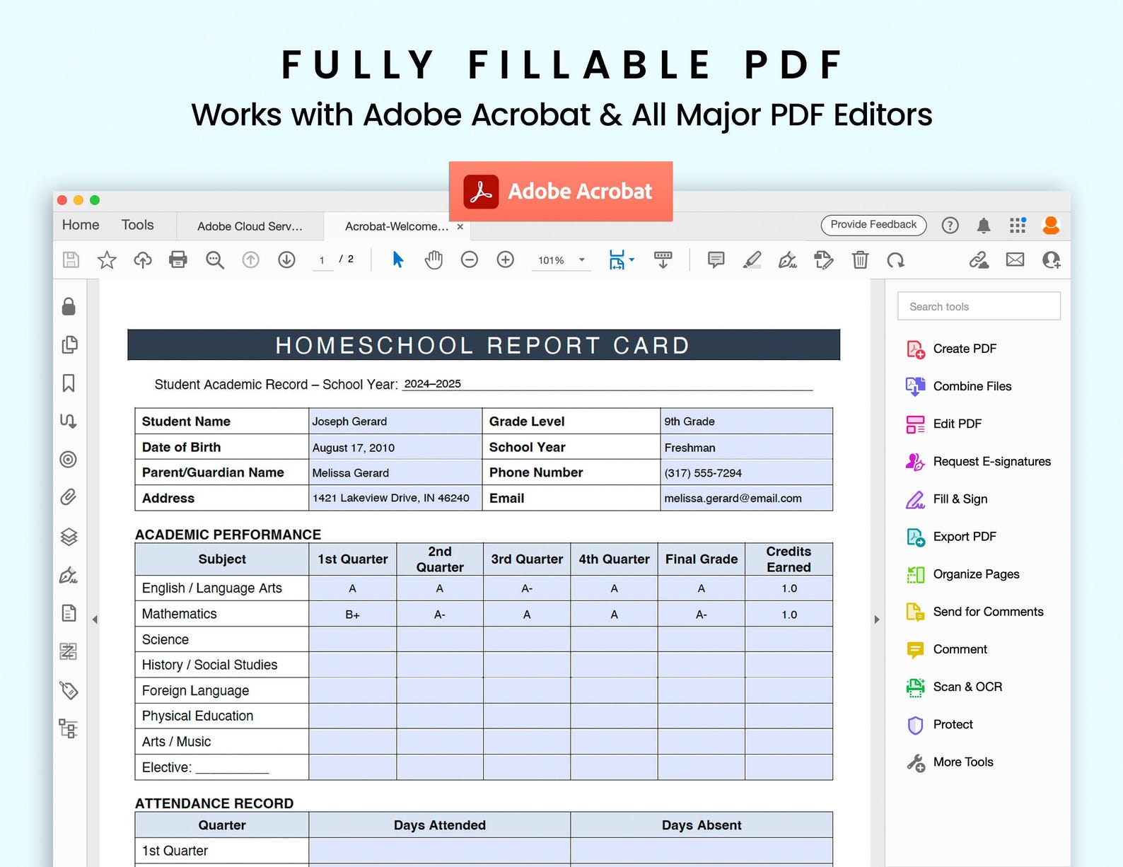 Editable Homeschool Report Card Template, Fillable Homeschooling ...