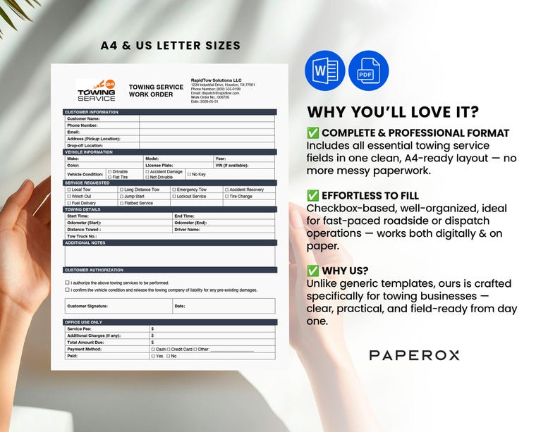 Towing Work Order Template • Editable Tow Truck Service Form • Fillable ...