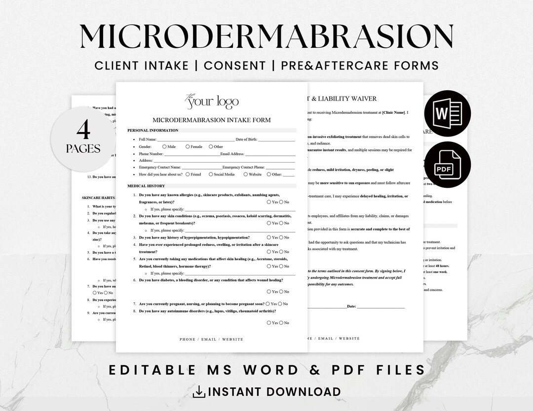 Microdermabrasion Consent Form Template - Client Intake & Aftercare Form - Skin Treatment Waiver ...