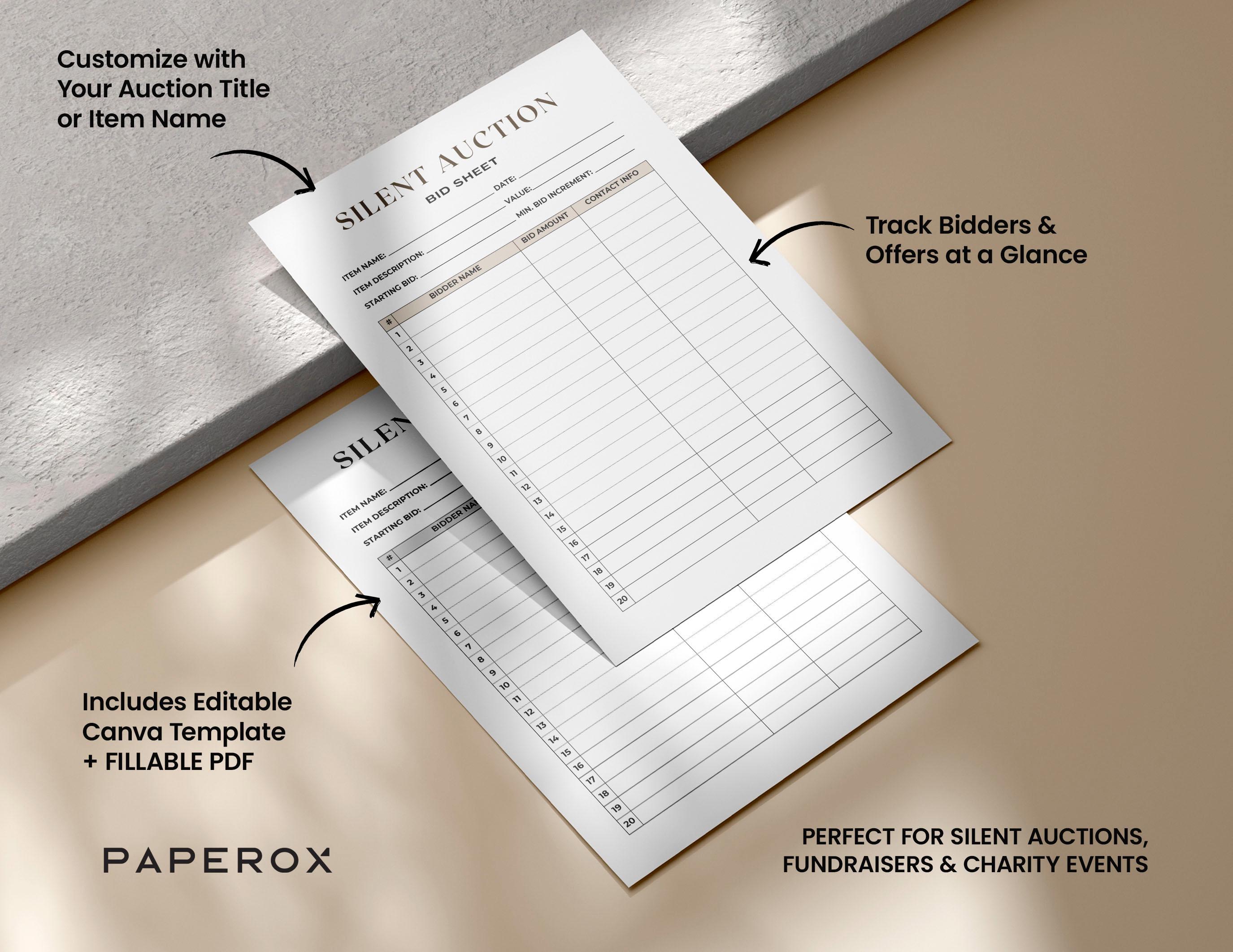 Editable Silent Auction Bid Sheet - Fillable PDF Auction Sign up Sheet ...