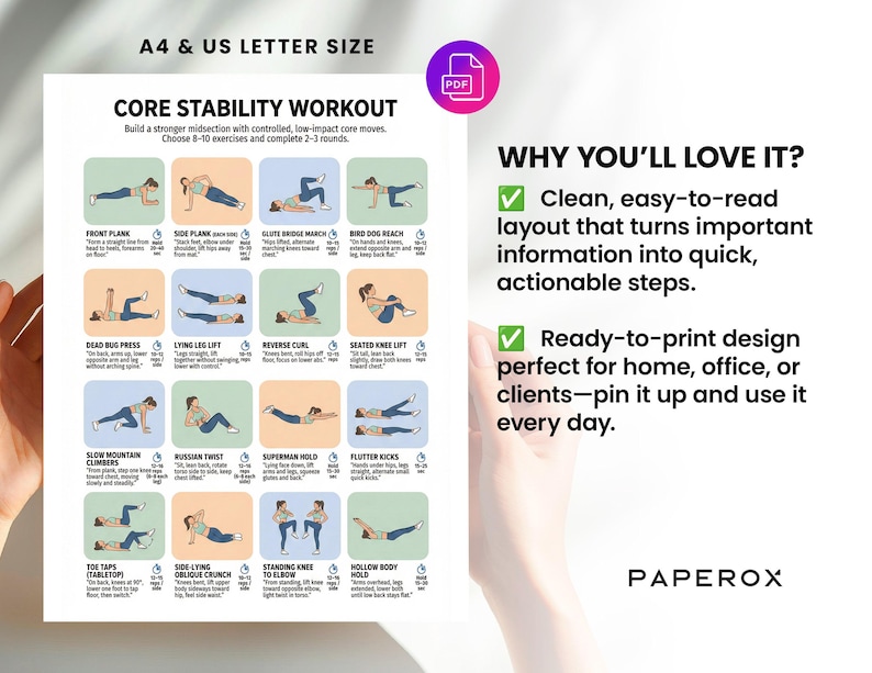 Core & Abs Workout Poster: No Equipment Home Fitness Guide - Core ...