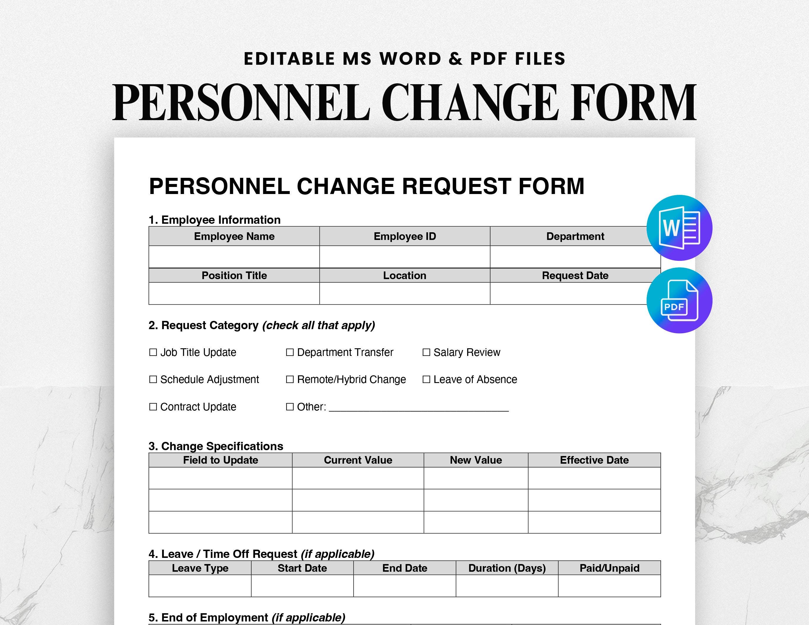 Personnel Change Request Form | Employee Status Update Template ...