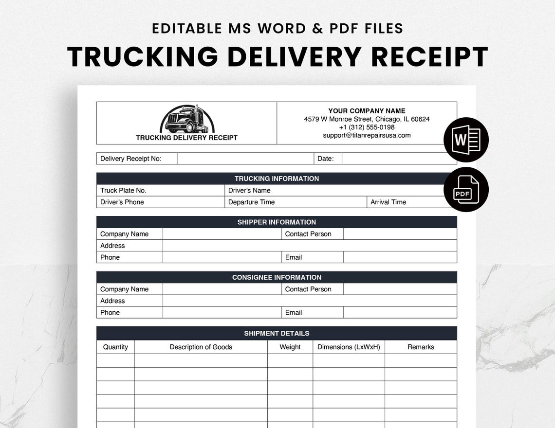 Editable Trucking Delivery Receipt Template - Printable Delivery Note ...