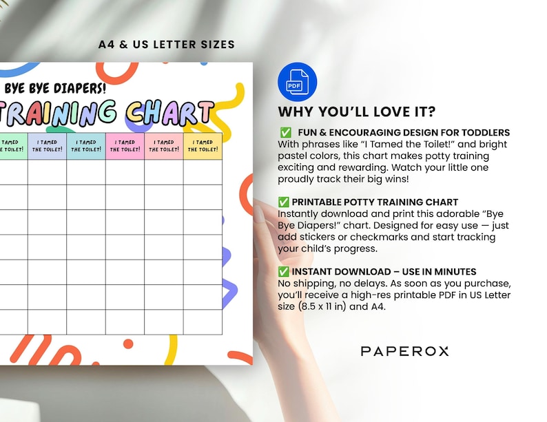 Potty Training Chart for Kids – Bye Bye Diapers Printable PDF – A4 & US Letter Size – Reward ...