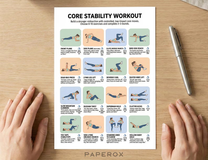 Core & Abs Workout Poster: No Equipment Home Fitness Guide - Core ...