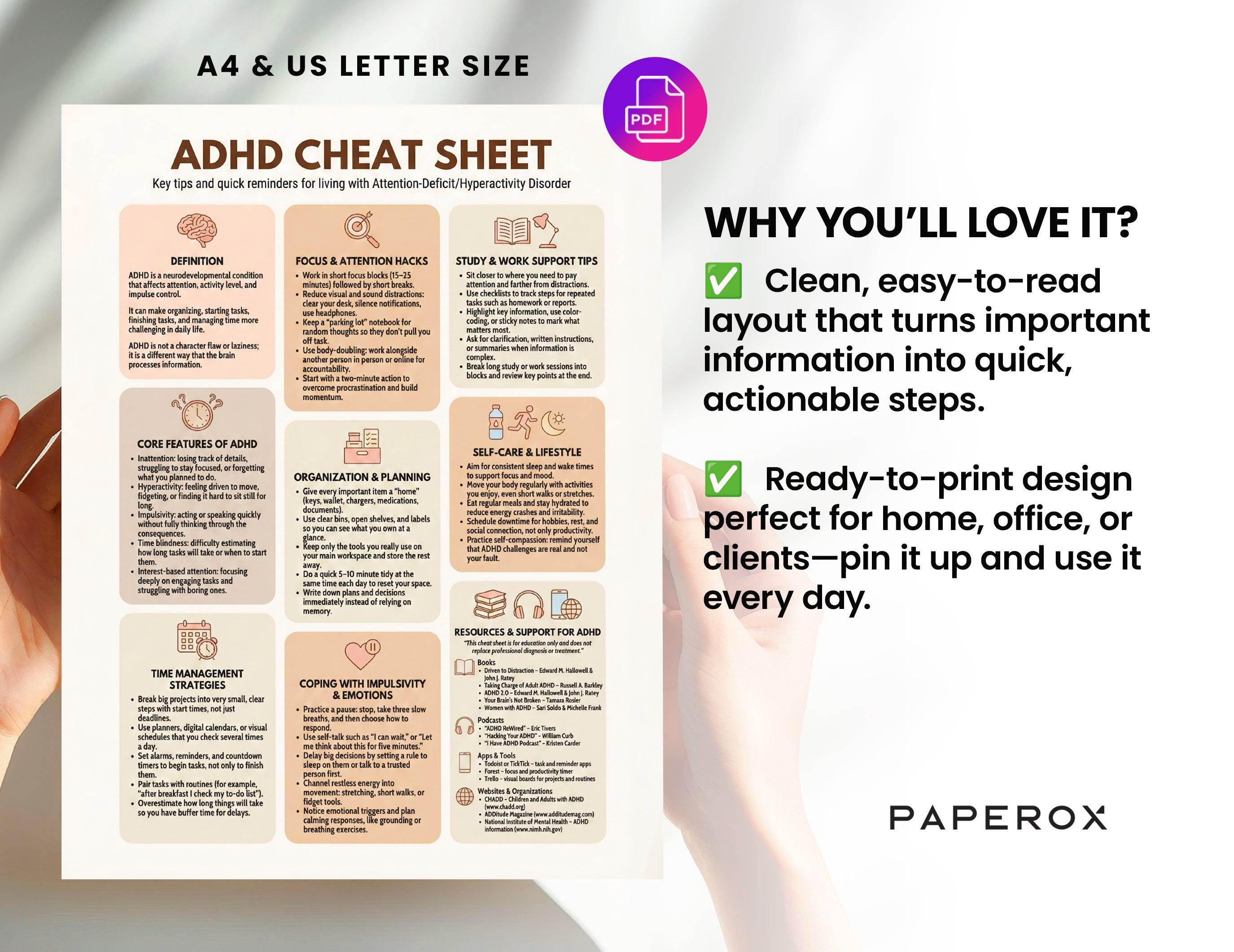 ADHD Cheat Sheet: Theraphy Worksheets, Focus, Time Management ...