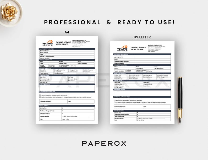 Towing Work Order Template • Editable Tow Truck Service Form • Fillable ...