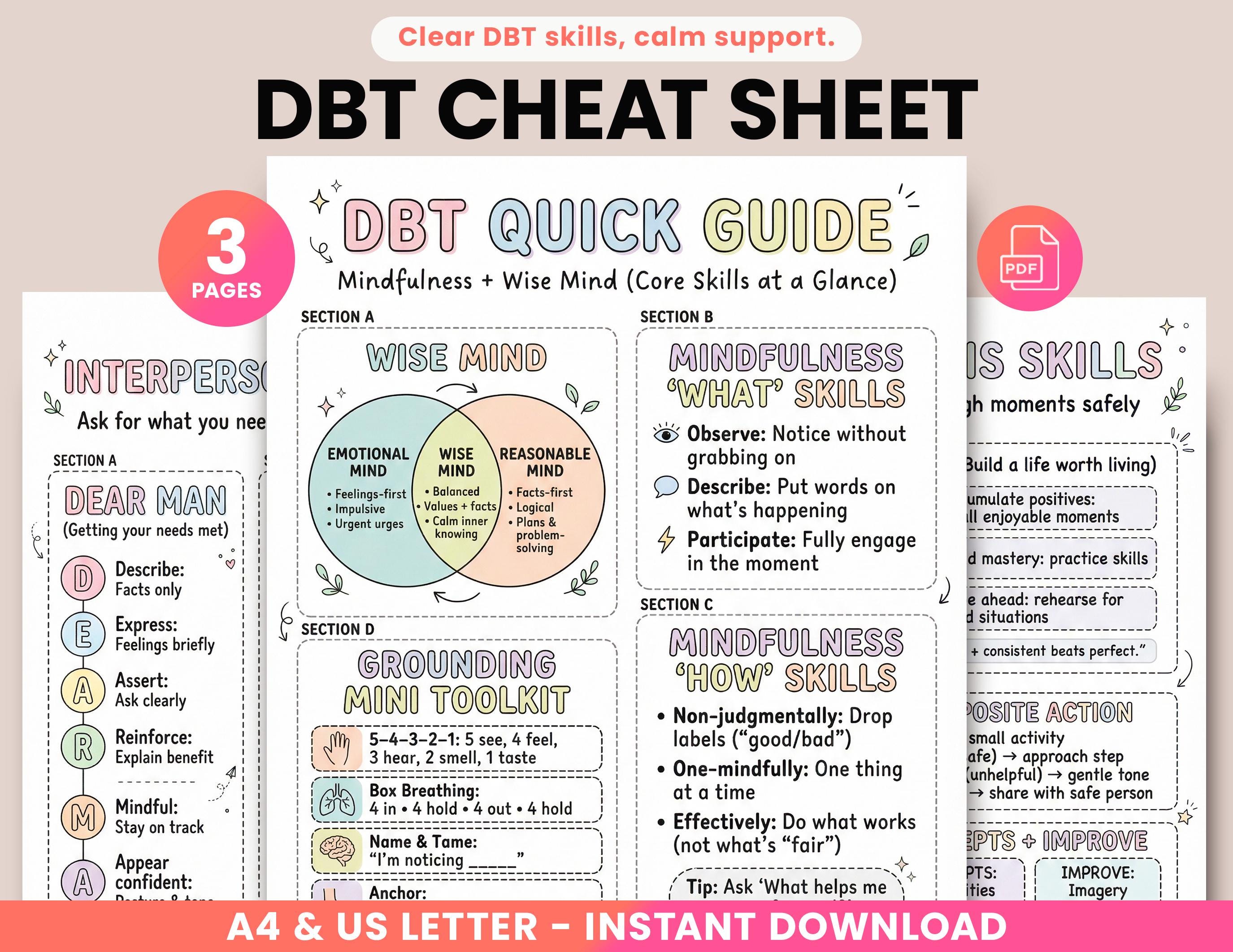 DBT Skills Cheat Sheet Printable | Dialectical Behavior Therapy Quick ...