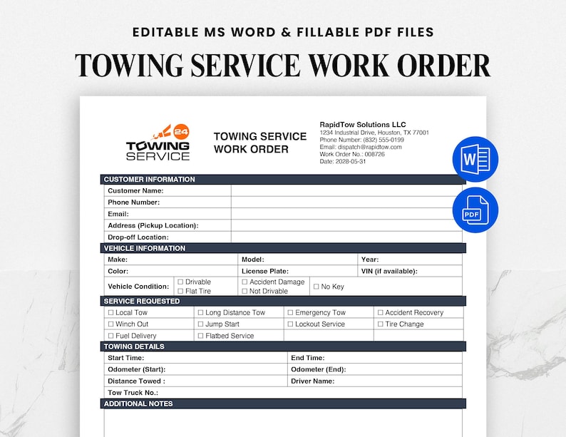 Towing Work Order Template • Editable Tow Truck Service Form • Fillable ...