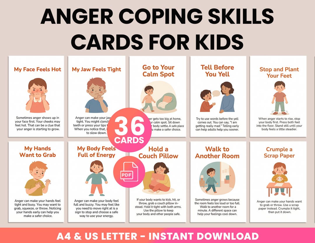 Anger Coping Skills Flashcards for Kids, Printable Anger Management ...