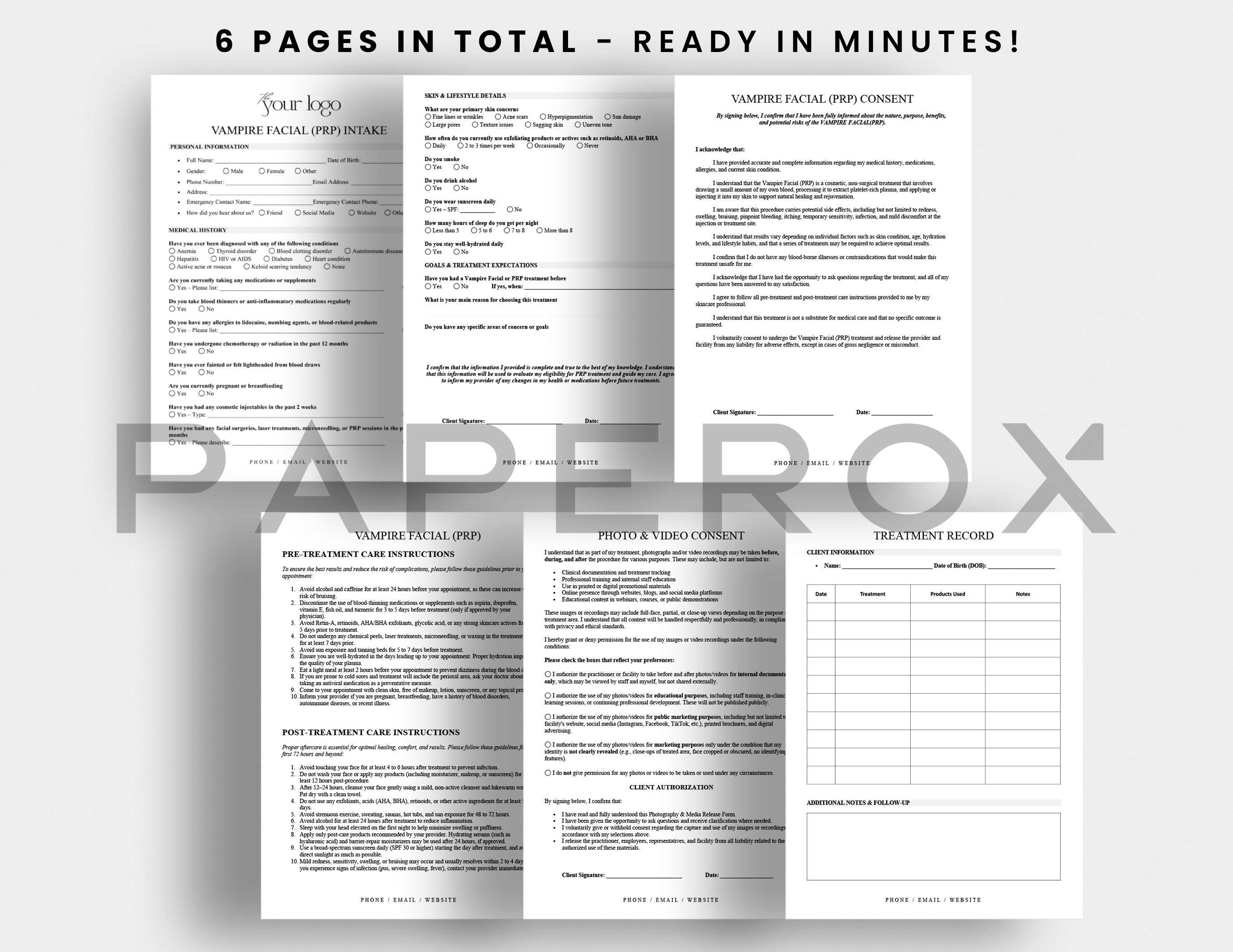 Vampire Facial Client Intake & PRP Consent Form Template - PRP Facial ...
