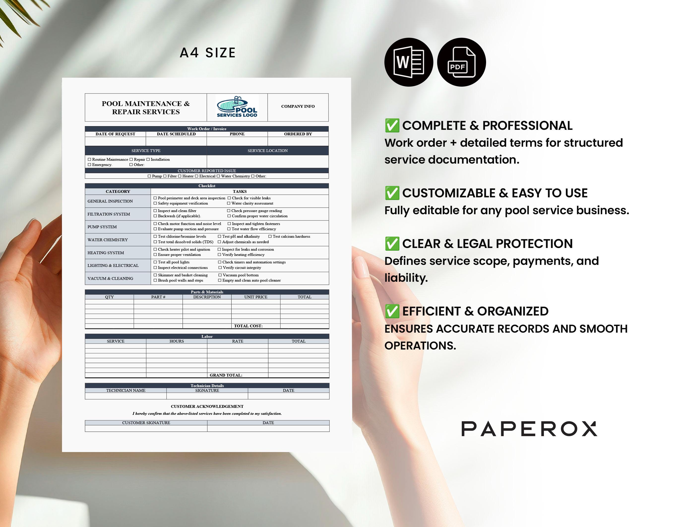 Swimming Pool Service Work Order Invoice, Pool Care, Pool Maintenance ...