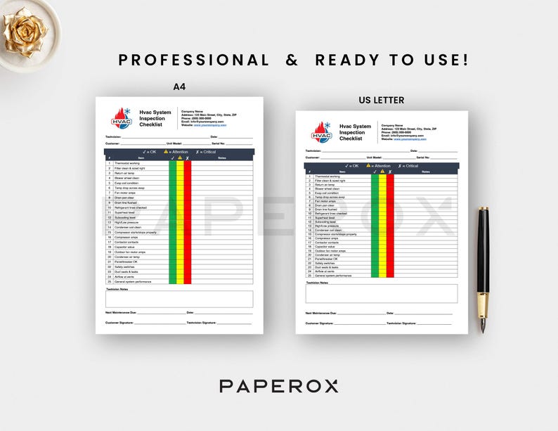 HVAC Inspection Checklist Template • Air Conditioning Service Form • Editable Technician Report ...