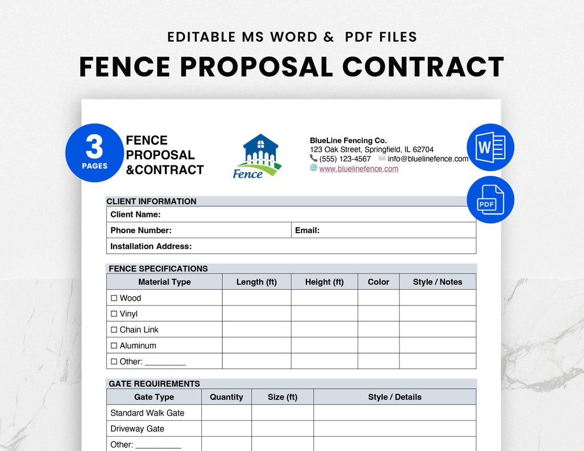 Fence Proposal Contract Template - Fence Estimate Form - Residential ...