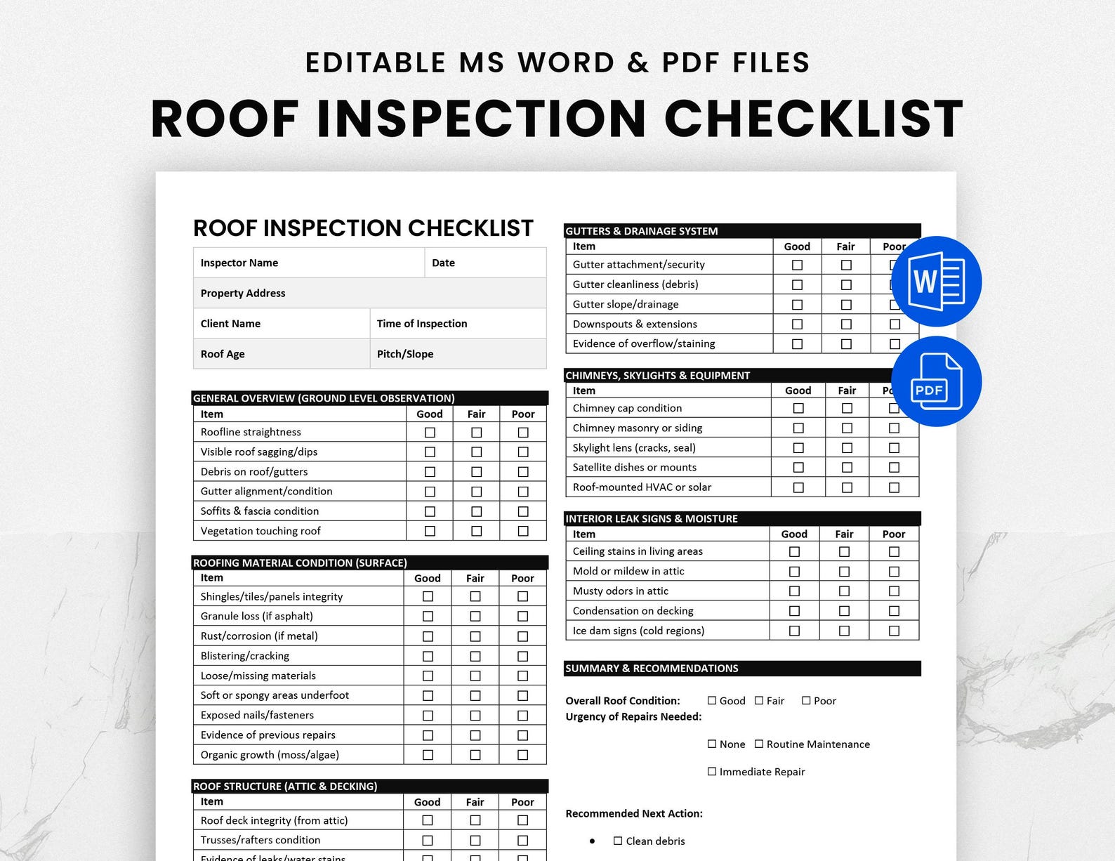 Roof Inspection Checklist PDF - Fillable Roofing Inspection Form ...
