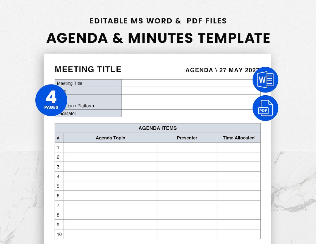 Meeting Agenda and Minutes Template - Professional Business Meeting ...