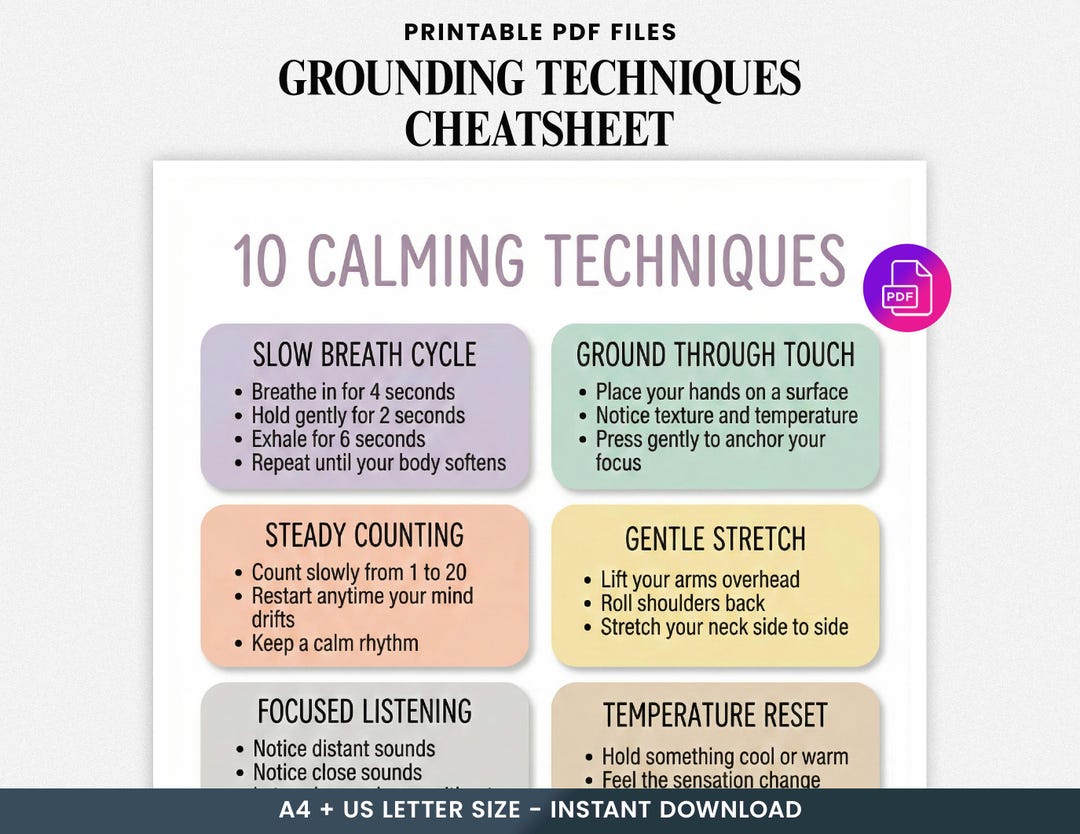 Grounding Techniques Cheat Sheet, Anxiety Relief Guide, Stress ...