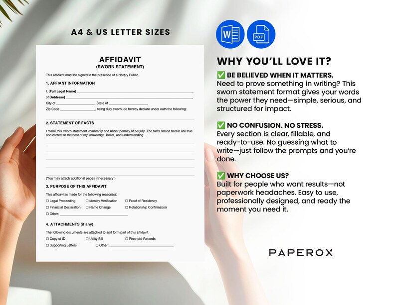 Sworn Affidavit Template - Fillable Statement Form - Printable Personal ...