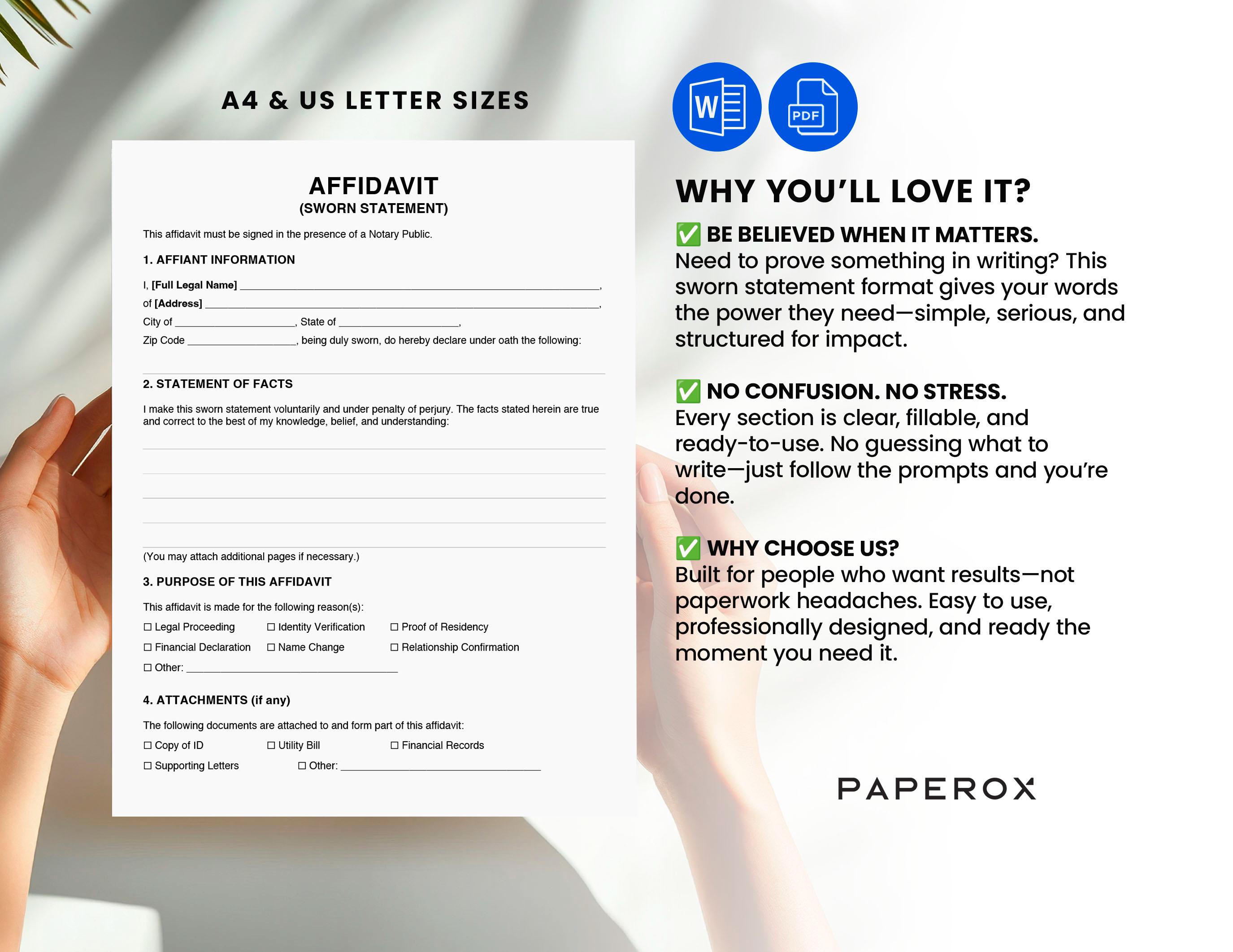 Sworn Affidavit Template - Fillable Statement Form - Printable Personal ...