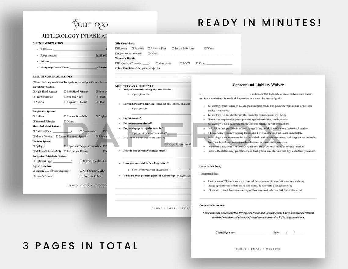 Reflexology Client Intake Form Template - Editable Massage Consultation ...