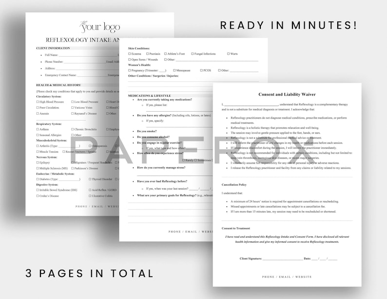 Reflexology Client Intake Form Template - Editable Massage Consultation ...