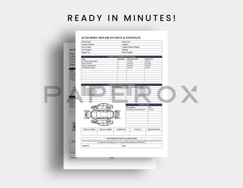 Auto Body Repair Invoice Template – Printable Mechanic Service Estimate & Receipt – Vehicle ...